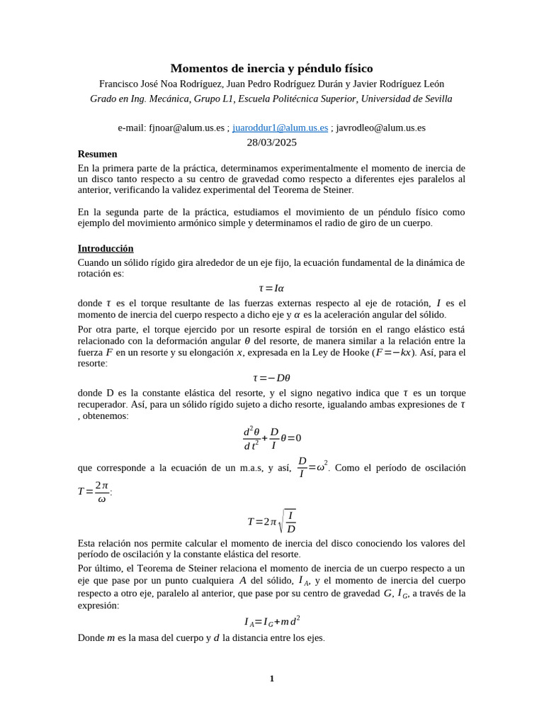 Juan Pedro Rodríguez Durán - Momentos de Inercia y Péndulo Físico | PDF | Mecánica | Movimiento ...