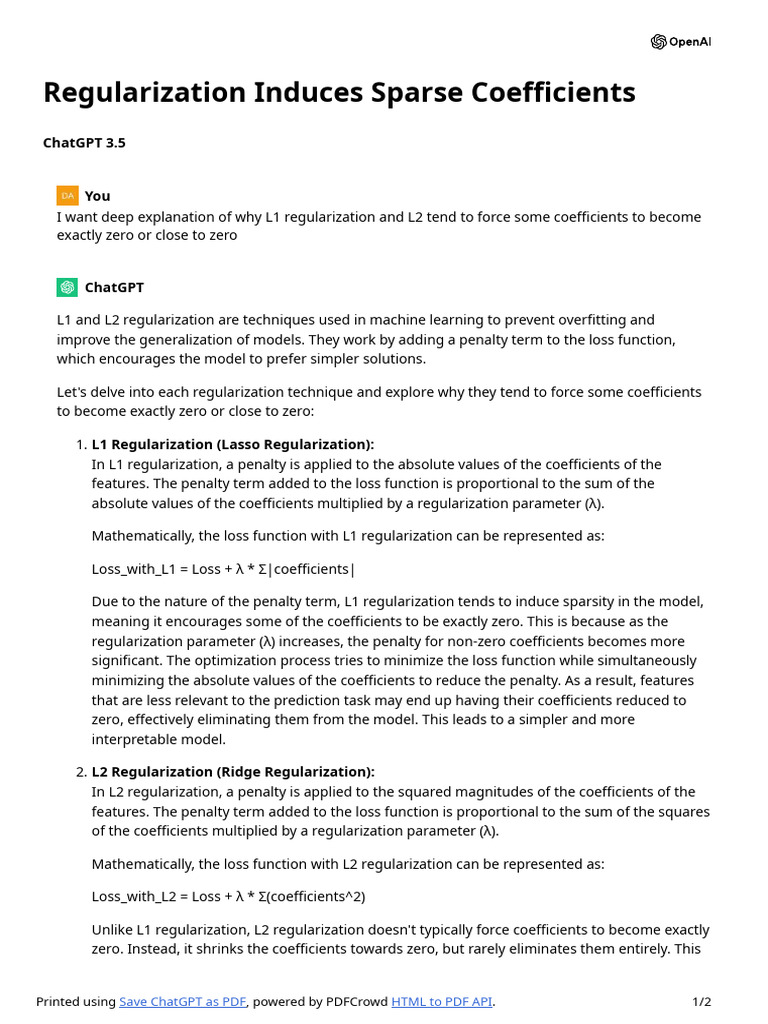 Regularization Induces Sparse Coefficients | PDF | Analysis | Machine ...