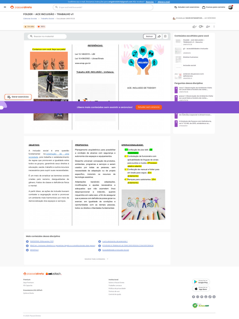Folder - Ace Inclusão - Trabalho v1 - Passei Direto | PDF | Exclusão social | Acessibilidade