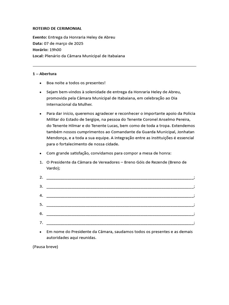 Roteiro de Cerimonial Heley de Abreu 2025 | PDF | Orquestras