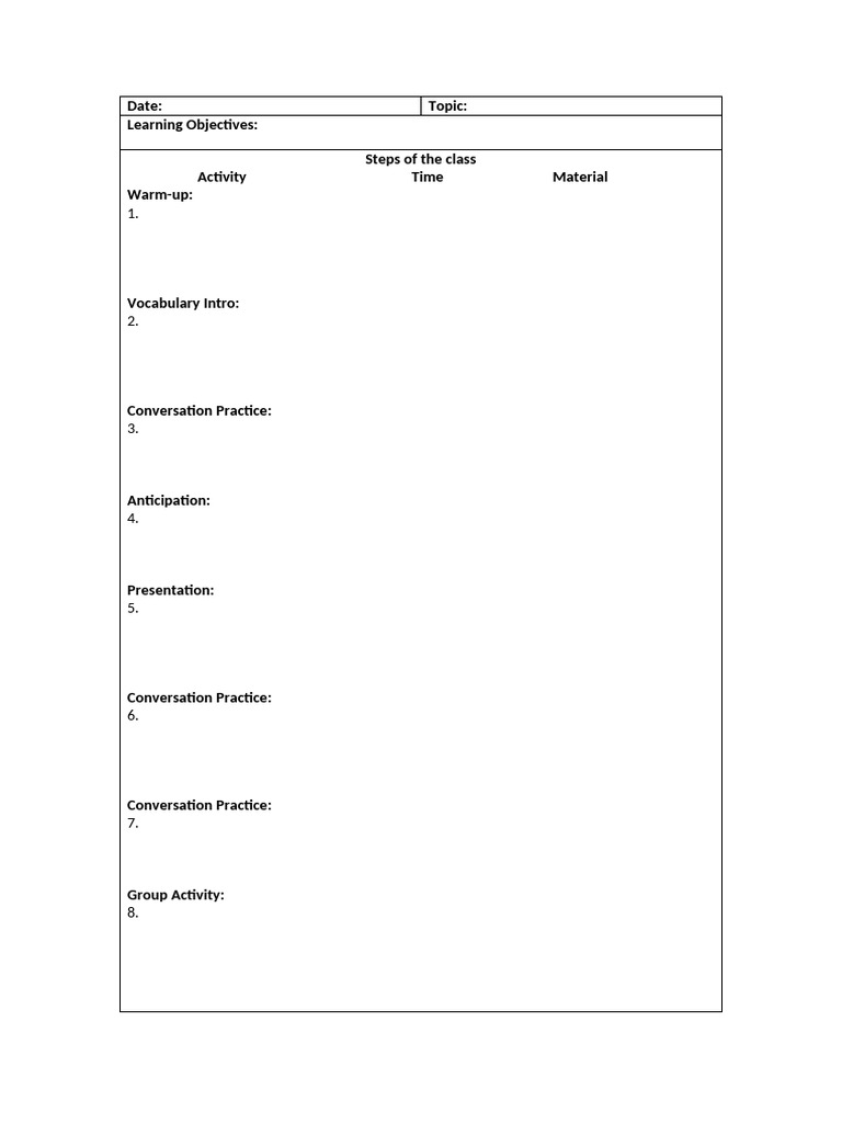 Conversation Club Planning Sheet Steps | PDF