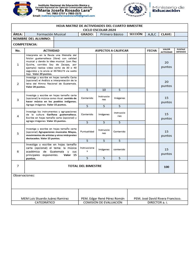 HOJA MATRIZ DE ACTIVIDADES 4to. Bimestre Primero Básico ABC 2024 - Ever ...
