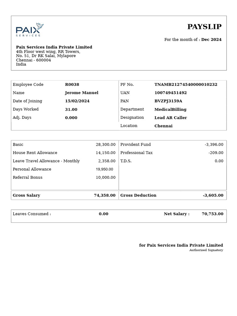 December 2024 Payslip for Jerome Manuel | PDF