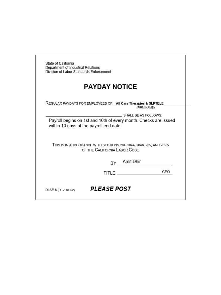 California Payday Notice for All Care Therapies | PDF