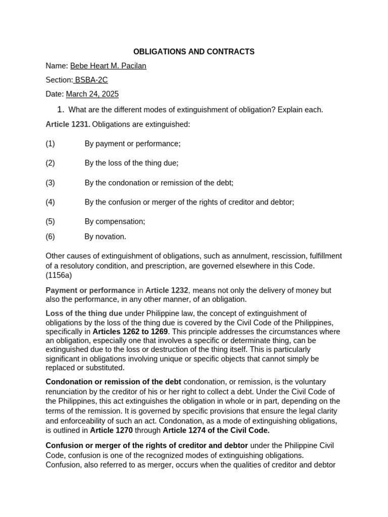 OBLIGATIONS AND CONTRACTS Article 1231 | PDF | Easement | Debtor