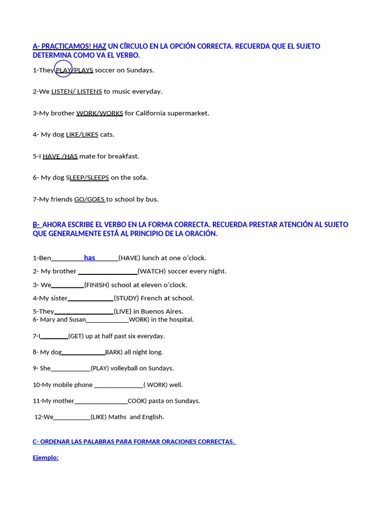 PRACTICA PRESENTE SIMPLE | PDF