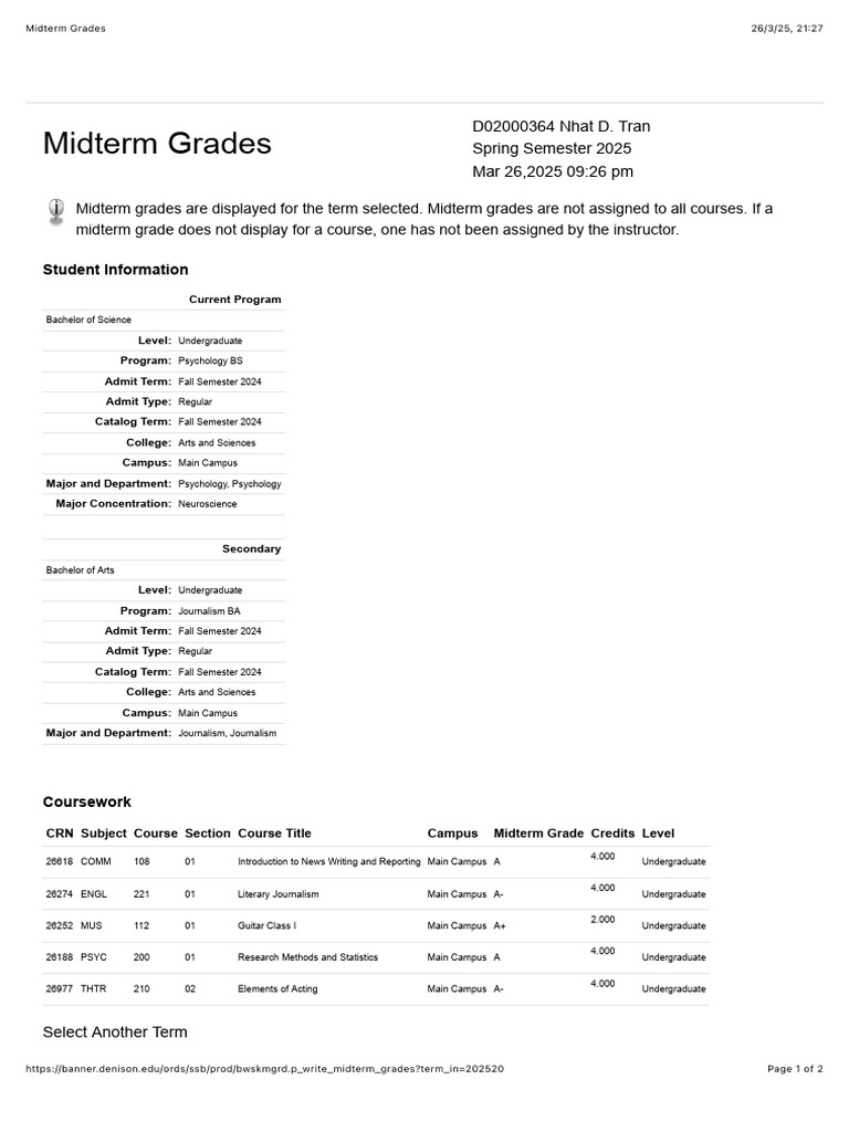 Midterm Grades - Spring 2025 | PDF | Undergraduate Education | Bachelor Of Arts