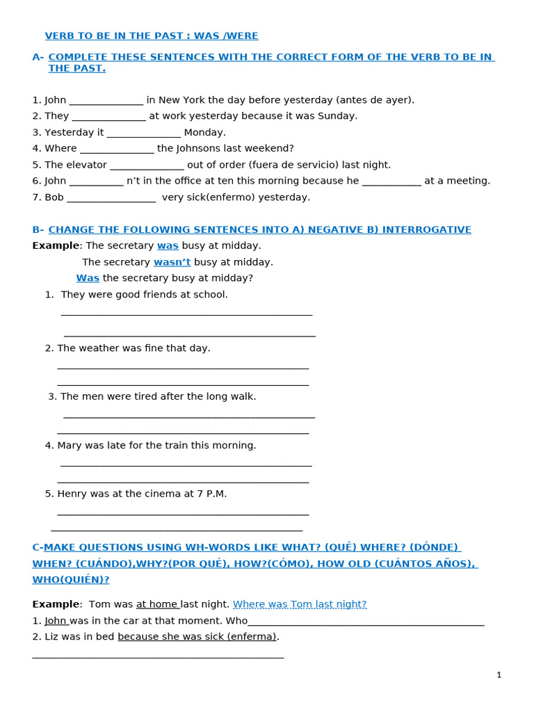 VERB TO BE IN THE PAST and simple past | PDF | Grammar | Linguistic ...