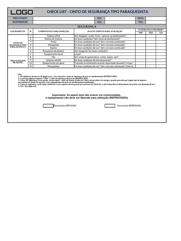 Check List para Cinto de Segurança Tipo Paraquedista | PDF