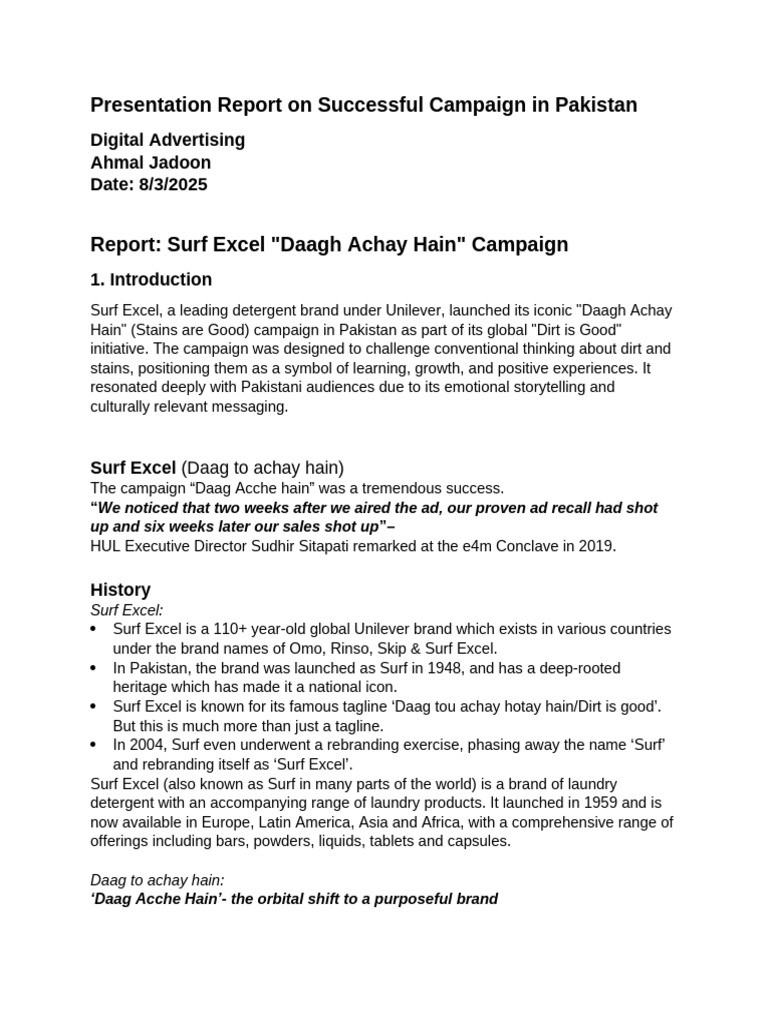 Surf Excel "Daagh Achay Hain" Success | PDF | Brand | Advertising