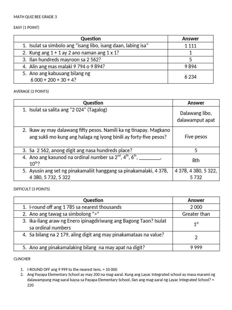 Math Quiz Bee Grade 3 | PDF