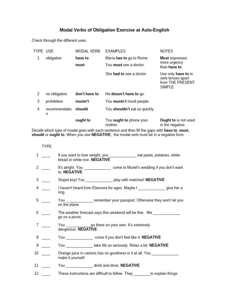 Modal Verbs of Obligation Exercise at Auto | PDF | Verb | Linguistic Typology