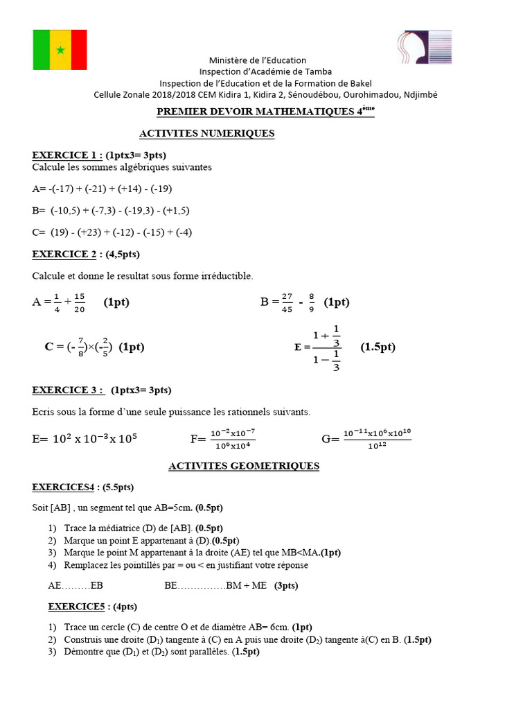Devoir de Maths 4ème - Activités et Exercices | PDF