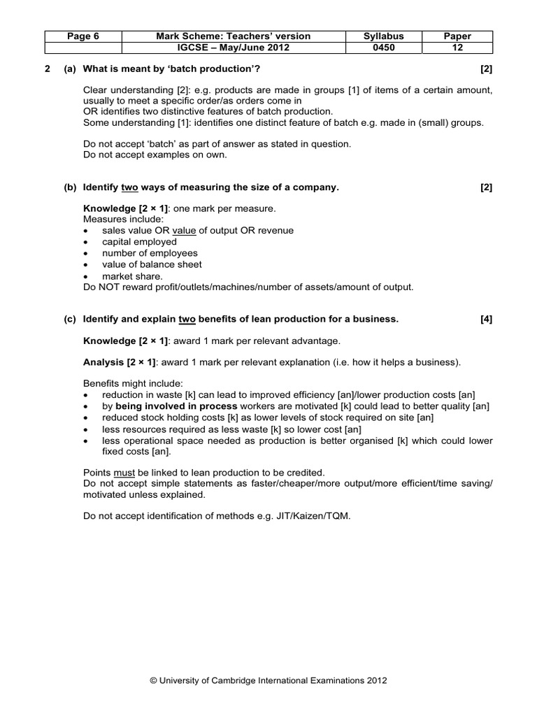 IGCSE Business Mark Scheme 2012 | PDF | Employment | Lean Manufacturing