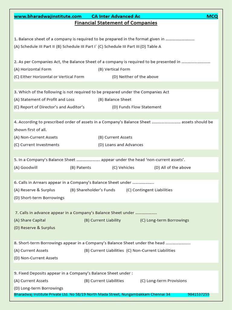 Balance Sheet MCQs for CA Inter Exam | PDF | Balance Sheet | Dividend