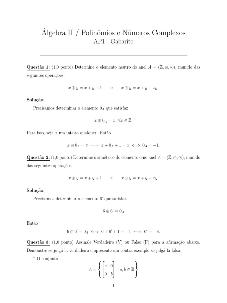 AP1 - A2 e PNC - 2023-1 - Gabarito | PDF | Anel (Matemática) | Álgebra ...