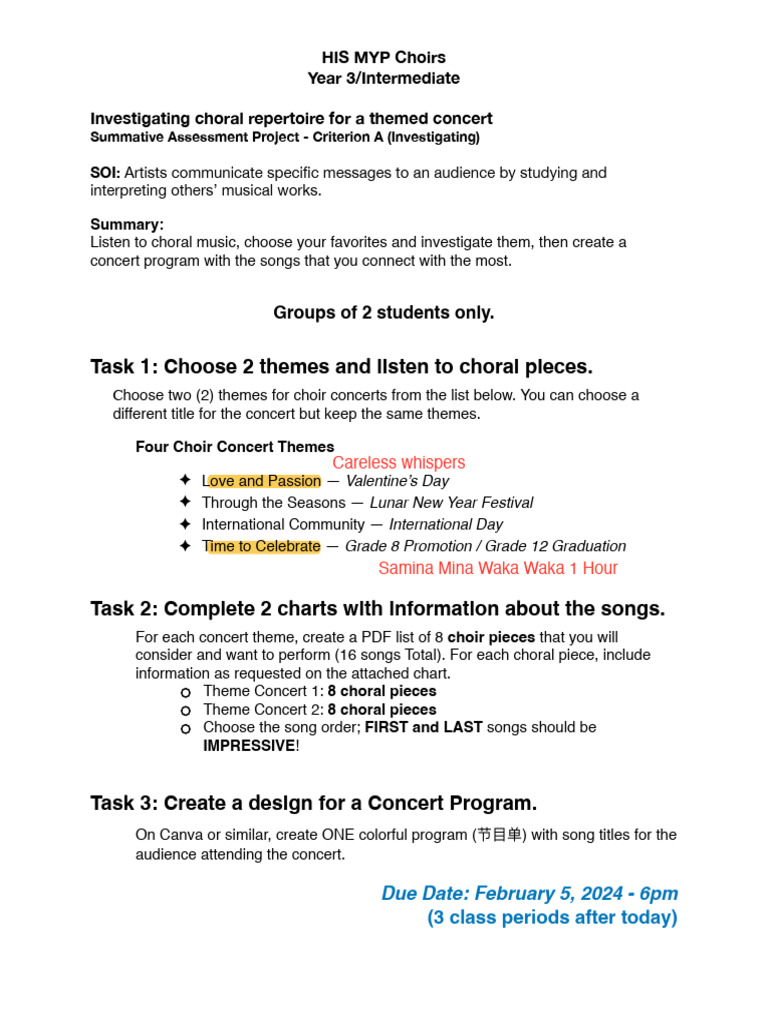 HIS MYP Choirs Themed Concert Proposals | PDF | Choir