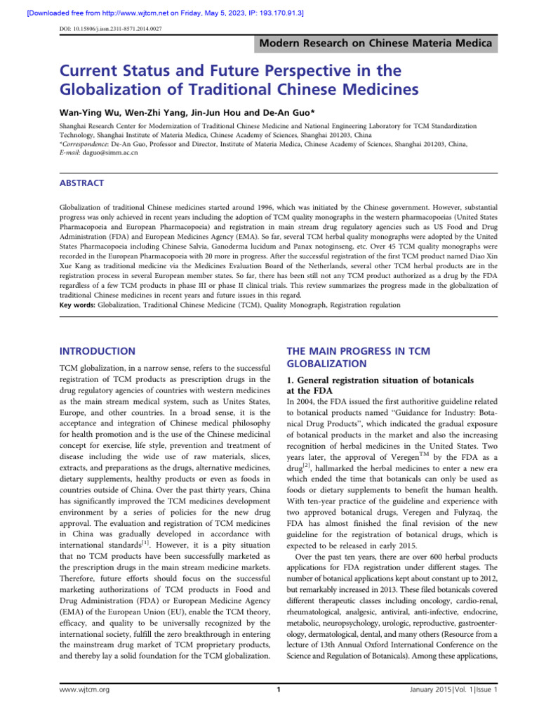 Wu Et Al 2015 Current Status and Future of TCM Globalization | PDF ...