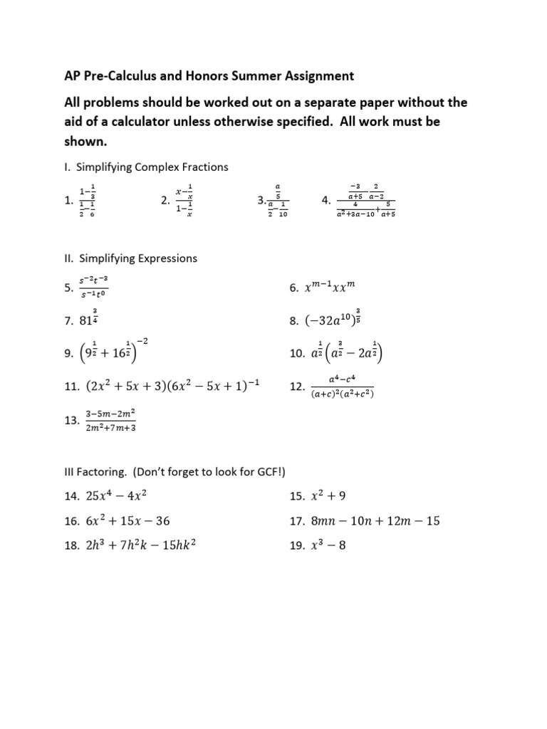 AP Pre-Calculus Summer Assignment | PDF | Function (Mathematics ...