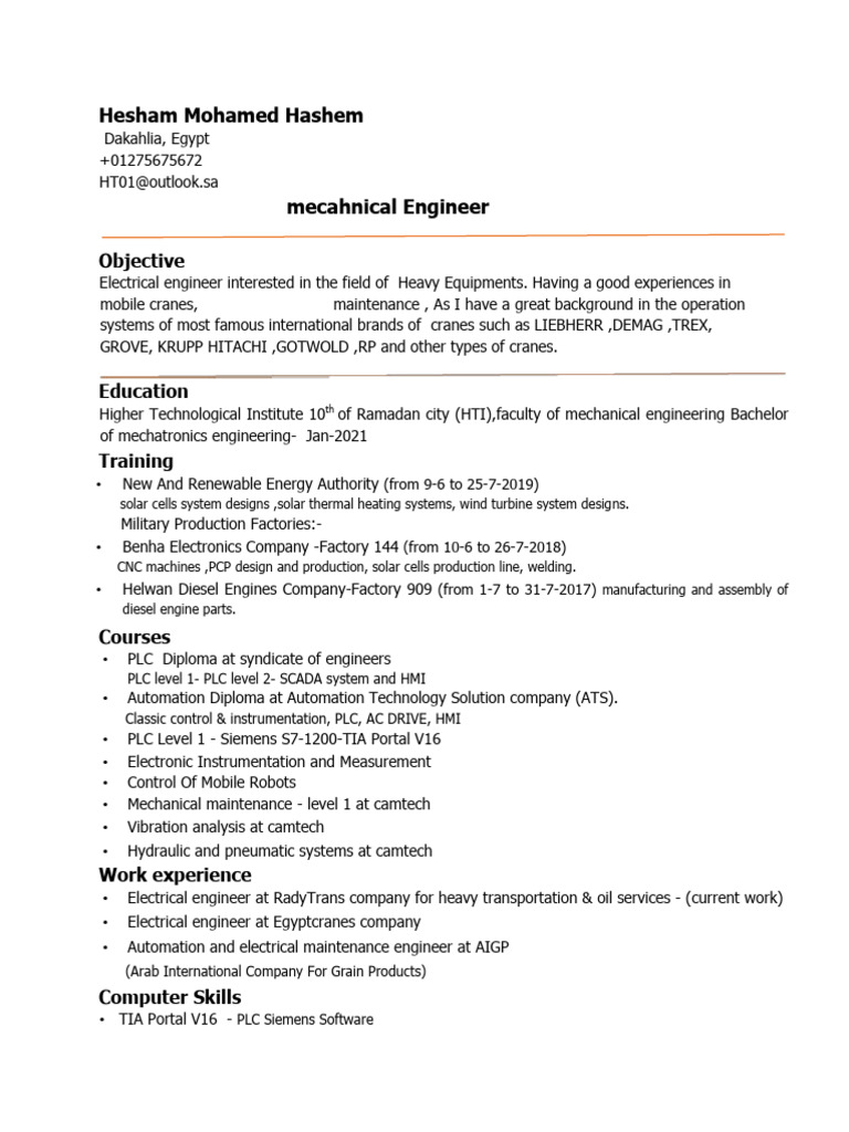 Hesham Hashem: Mechanical Engineer Profile | PDF | Automation | Mechanical Engineering