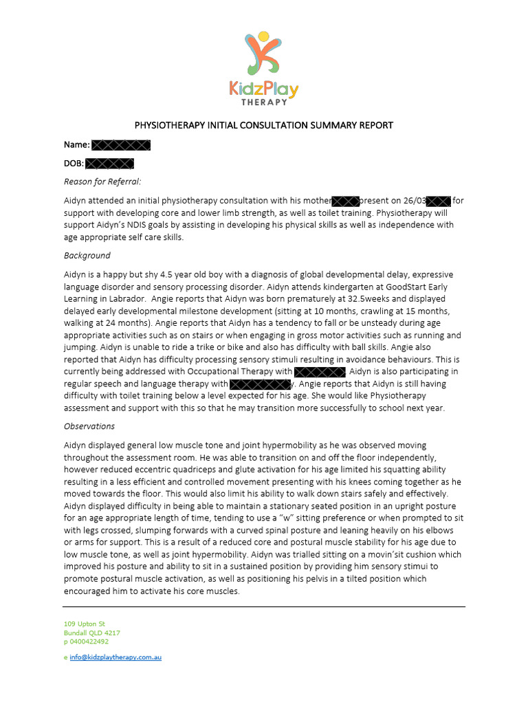 EXAMPLE Physiotherapy Initial Consultation Summary Report | PDF ...