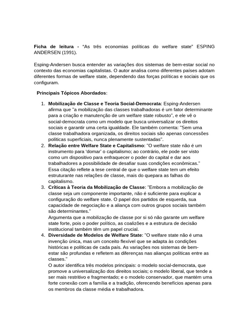 Modelos de Welfare State segundo Esping-Andersen | PDF | Estado de bem ...