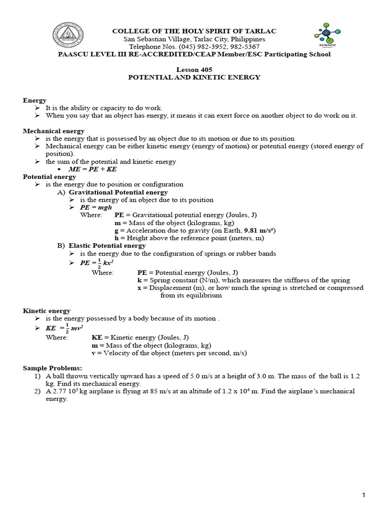 Lesson 405 Potential and Kinetic Energy | PDF | Potential Energy ...