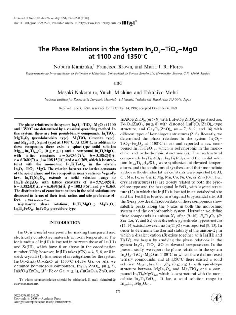2000, Kimizouka Et Al - Phase Relation in In2O3-TiO2-MgO | PDF ...