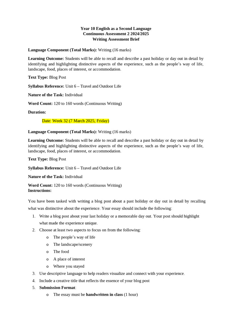 Year 10 ESL Continuous Assessment 2 | PDF | English As A Second Or ...