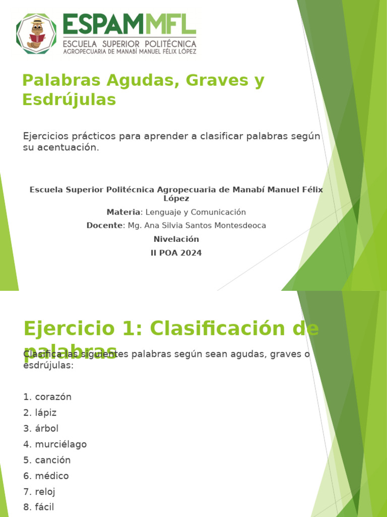 Ejercicios de Palabras Agudas, Graves y Esdrújulas | PDF
