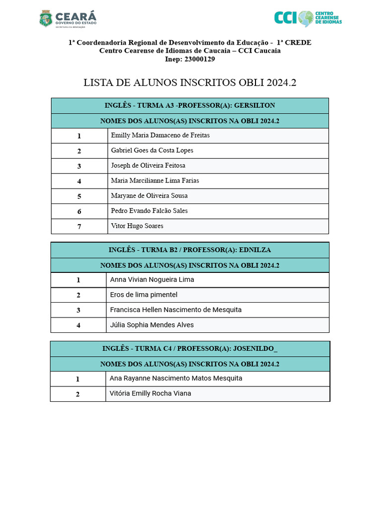 Lista de Alunos Inscritos OBLI 2024.2 | PDF