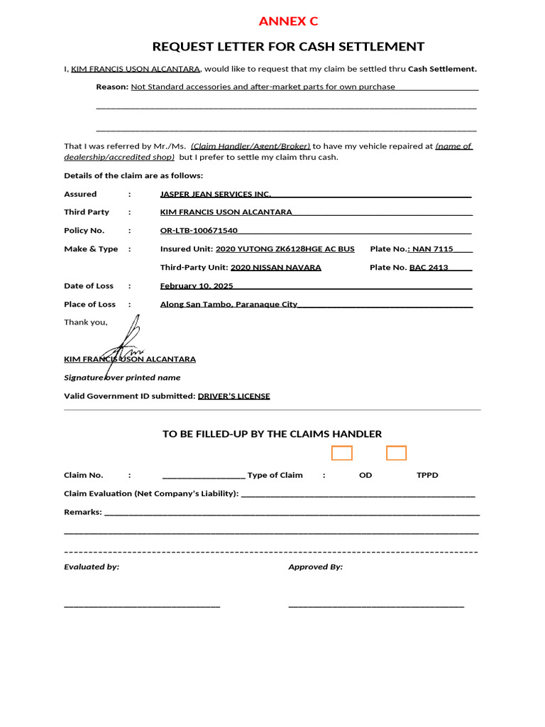 Annex C Revised Request Letter For Cash Settlement | PDF