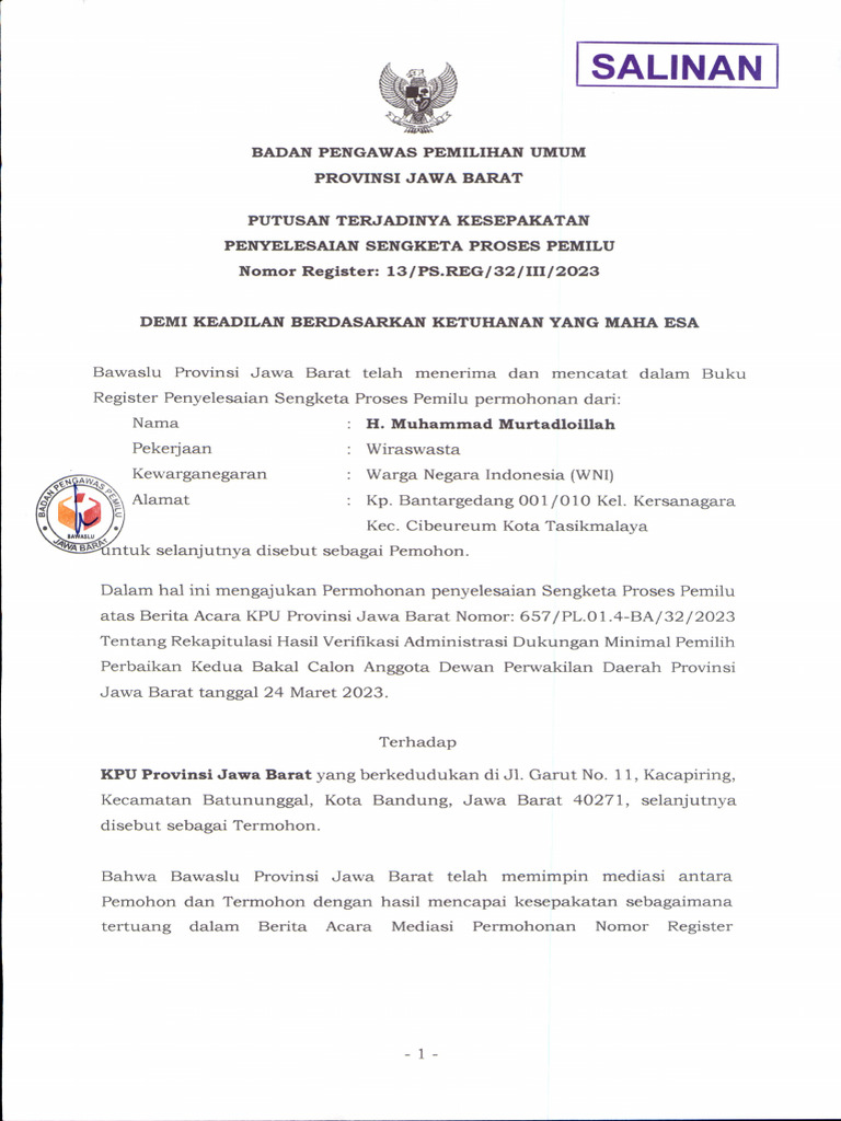 Pps 2023 32 Putusanreg13 Ps - Reg 32 III 2023mediasisengketa Watermark | PDF