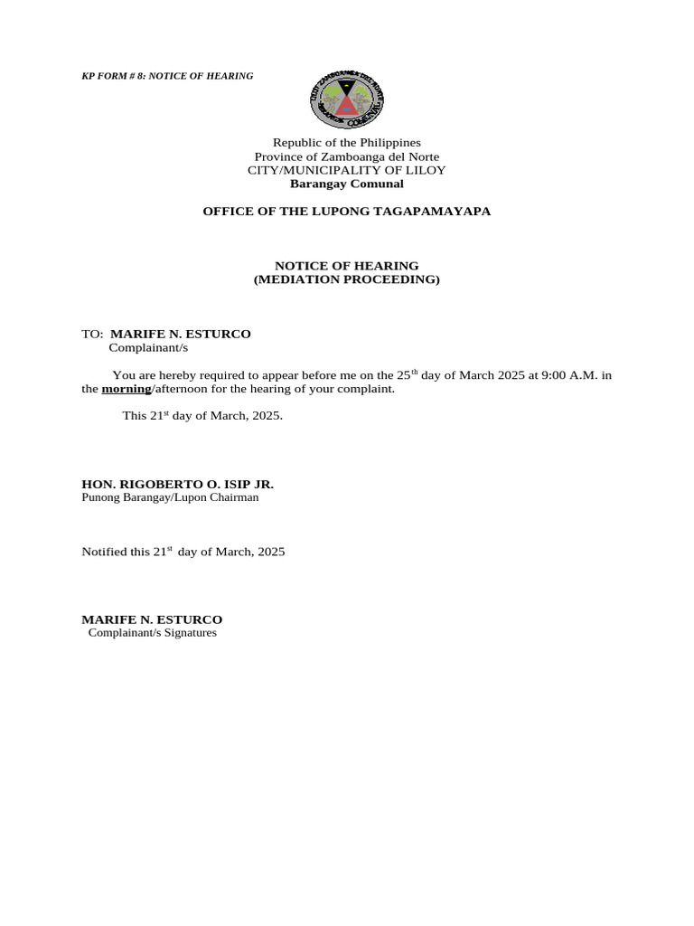 KP FORM Summon, Notice of Hearing, Officer's Return | PDF | Political Law | Common Law