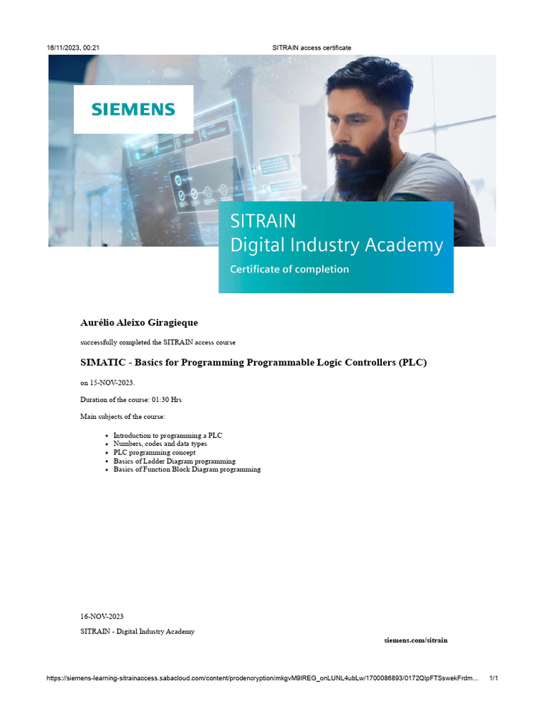 SITRAIN PLC Programming Course Completion | PDF