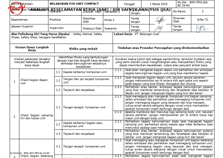 BMC - PRO.JSA - BC.20.R2. Melakukan P2H Unit Compact - 2025 | PDF