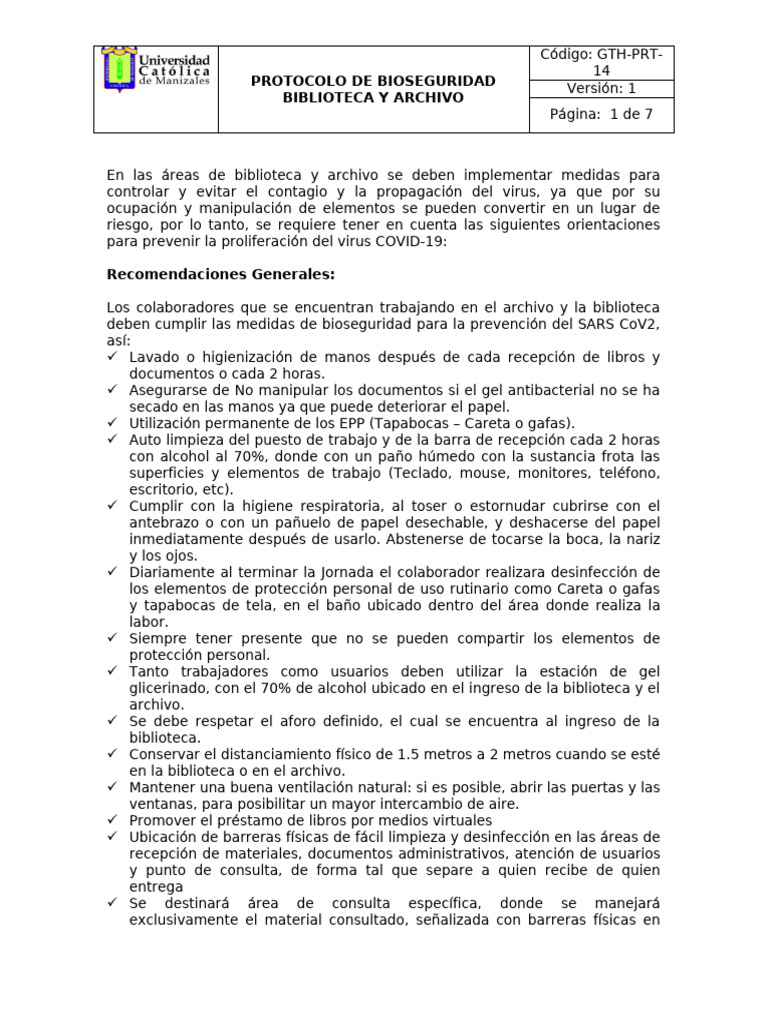 GTH-PRT-14-PROTOCOLO-DE-BIBLIOTECA-Y-ARCHIVO-UCM | PDF | Lavado de manos | Bibliotecas