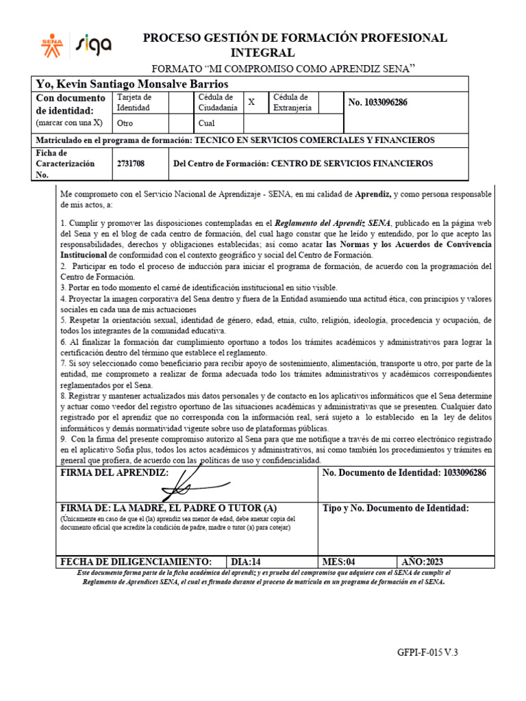 GFPI-F-015 Formato Compromiso Del Aprendiz V2 | PDF