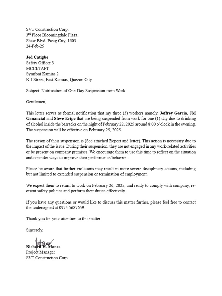 One-Day Suspension Notification Letter | PDF