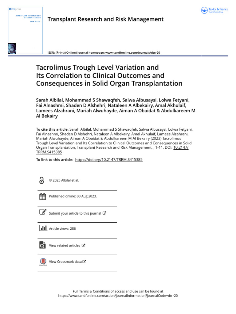 Tacrolimus Level Variation in Transplant Outcomes | PDF ...