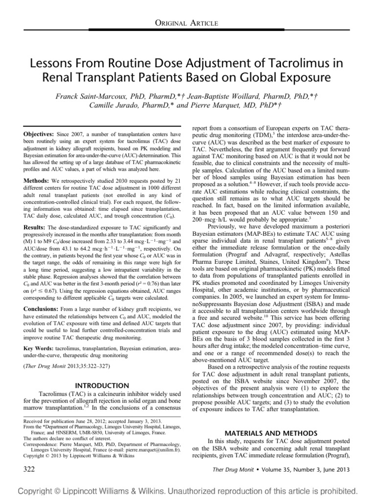Tacrolimus Dose Adjustment in Kidney Transplants | PDF | Dose ...