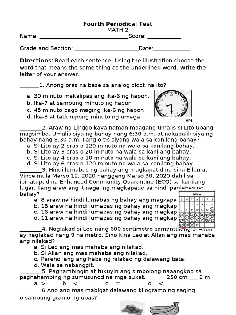Fourth Periodical Exam in Math 2 0 | PDF