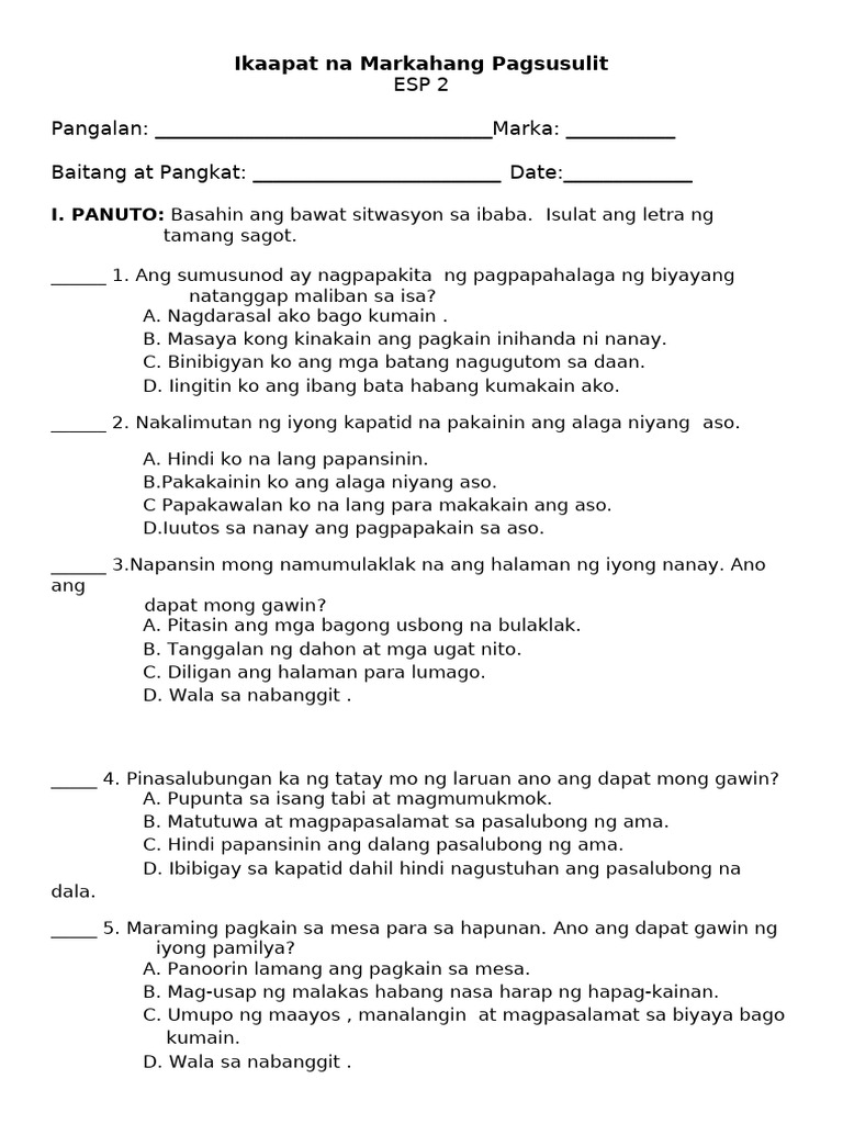 Grade 2-Ika-Apat-Na-Markahang-Pagsusulit-Sa-Esp-2-0 | PDF