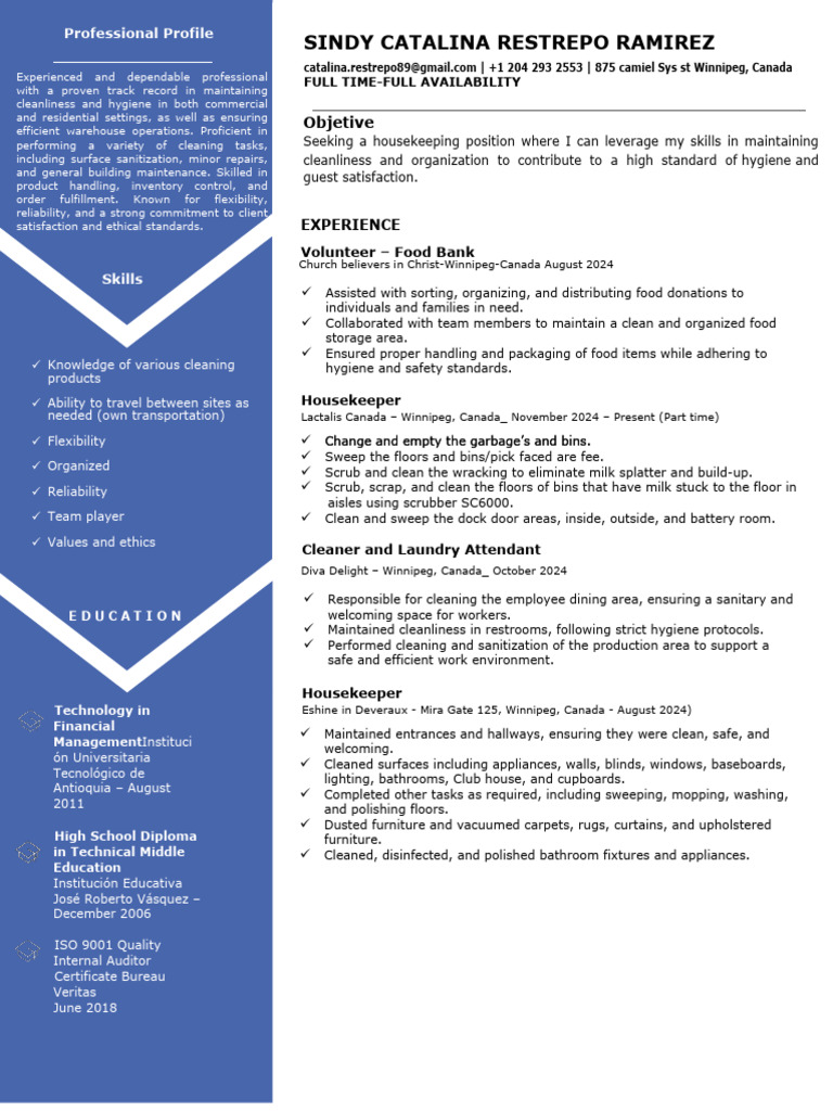Sindy Catalina Restrepo - Resume HOUSEKEEPER-3 | PDF | Housekeeping ...