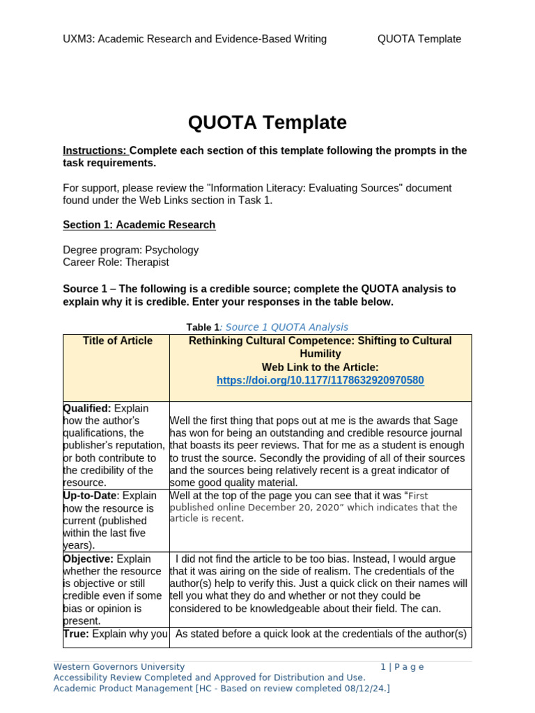 QUOTA Template part 1 hcalhoun new | PDF | Cognition