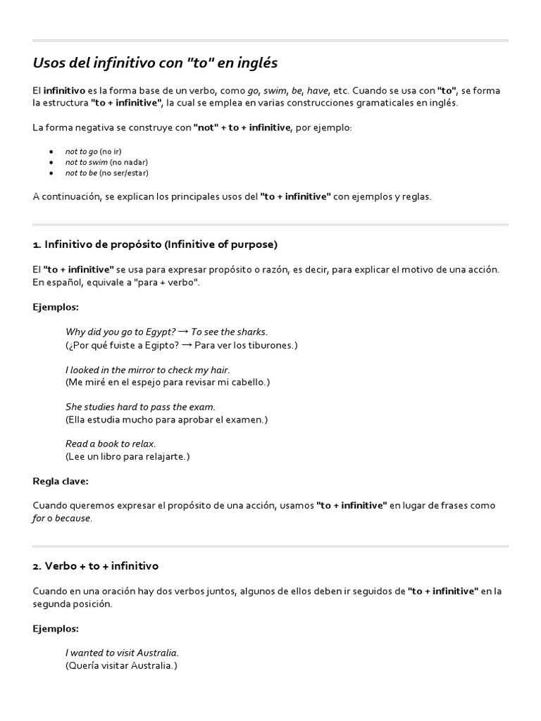 Usos del infinitivo "to" en inglés | PDF | Verbo | Relaciones sintácticas
