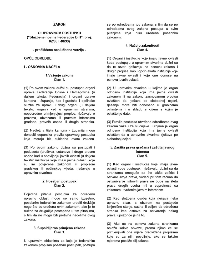 Zakon-O-Upravnom-Postupku F BiH-preciscen - 2 - 98 - 48 - 99 | PDF
