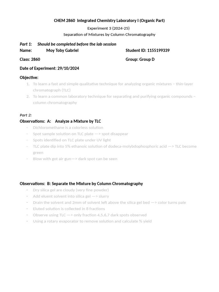 CHEM2860 Lab Report Template (Expt 3) (24-25) 2 | PDF | Thin Layer Chromatography | Chromatography