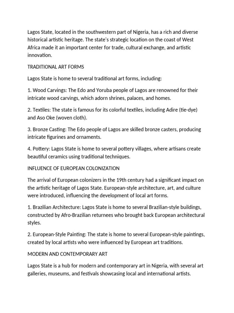 Lagos Historical Artistic Heritage | PDF | Nigeria | The Arts