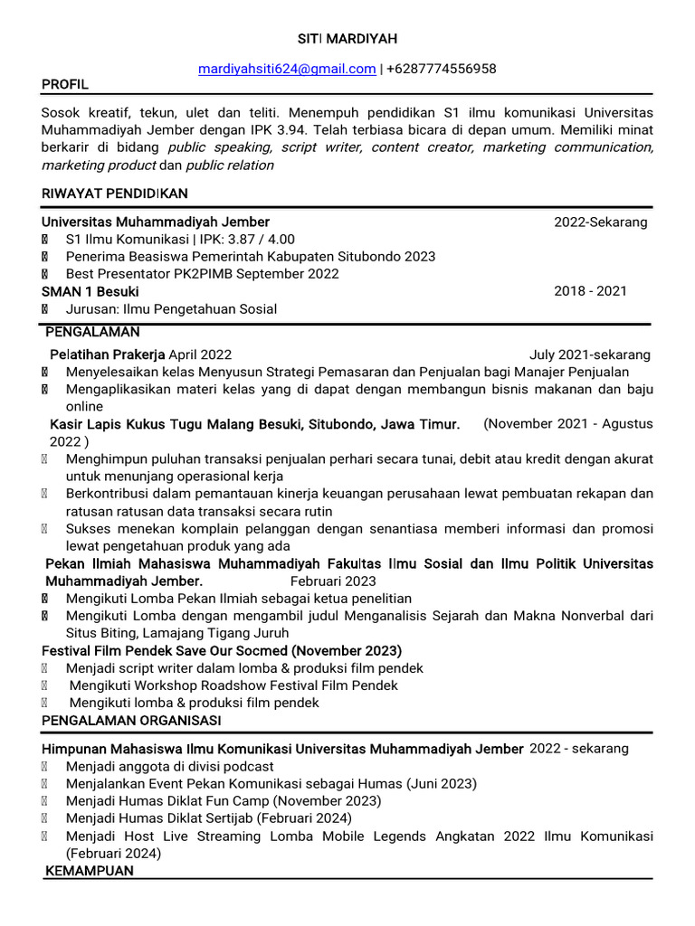 CV - Magang - Diyah | PDF